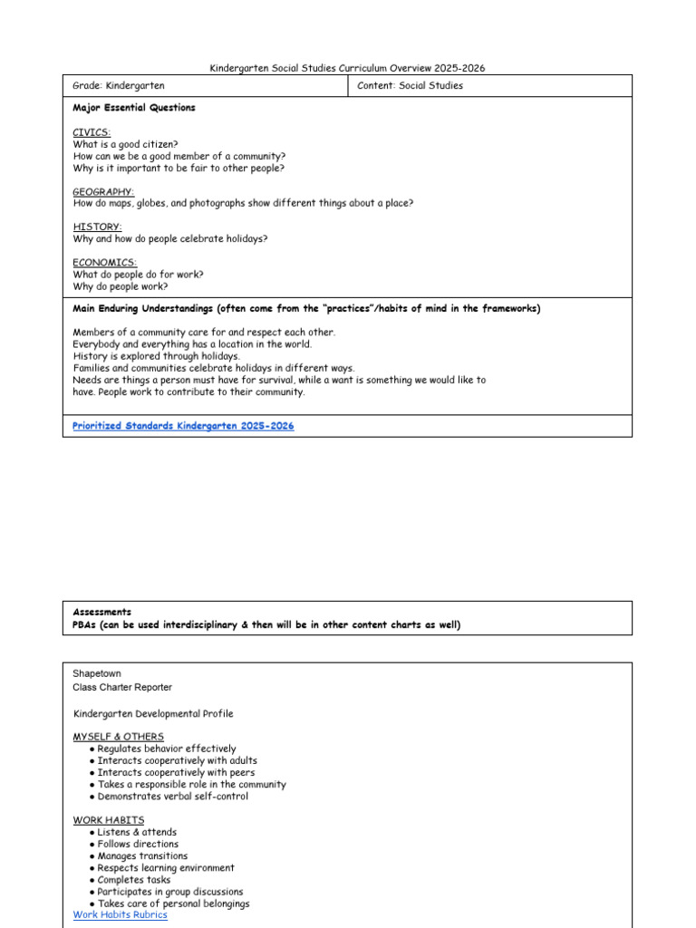 Kindergarten Social Studies Curriculum Overview 2025-2026 | PDF