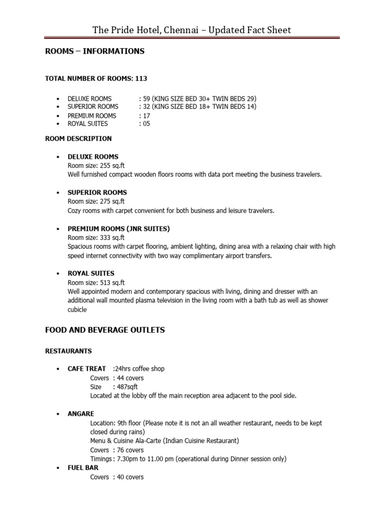 HOTEL Fact Sheet | PDF | Restaurants