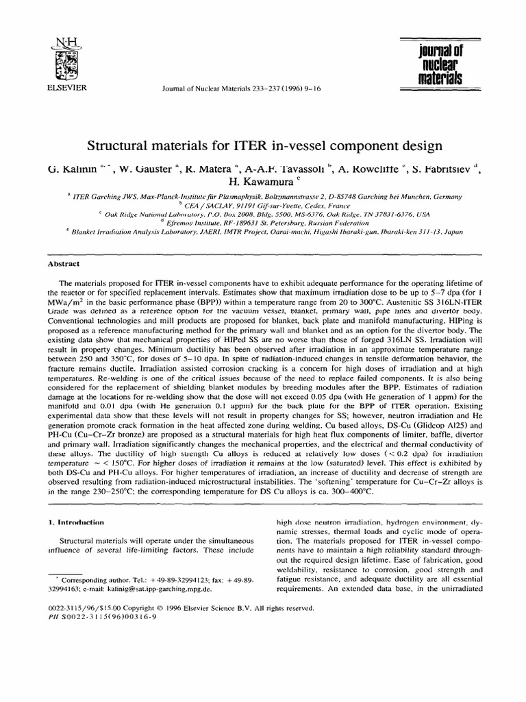 Structural Materials For ITER In-Vessel Component Design | PDF ...