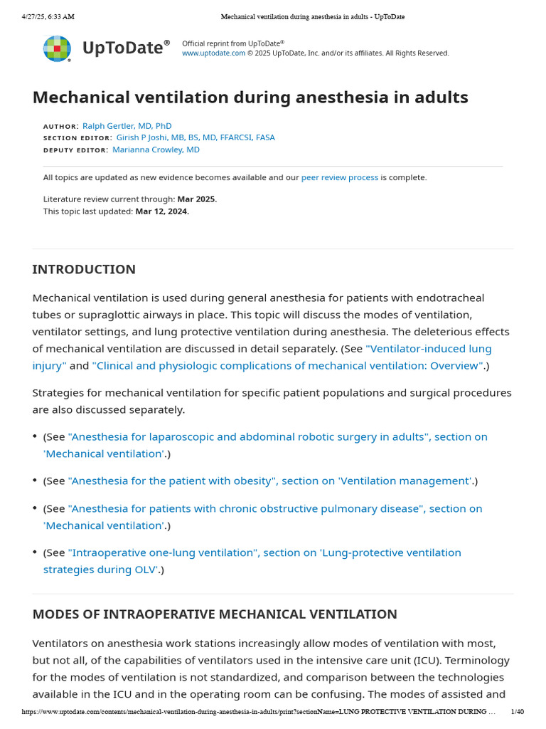Mechanical Ventilation in Anesthesia | PDF | Lung | Exhalation