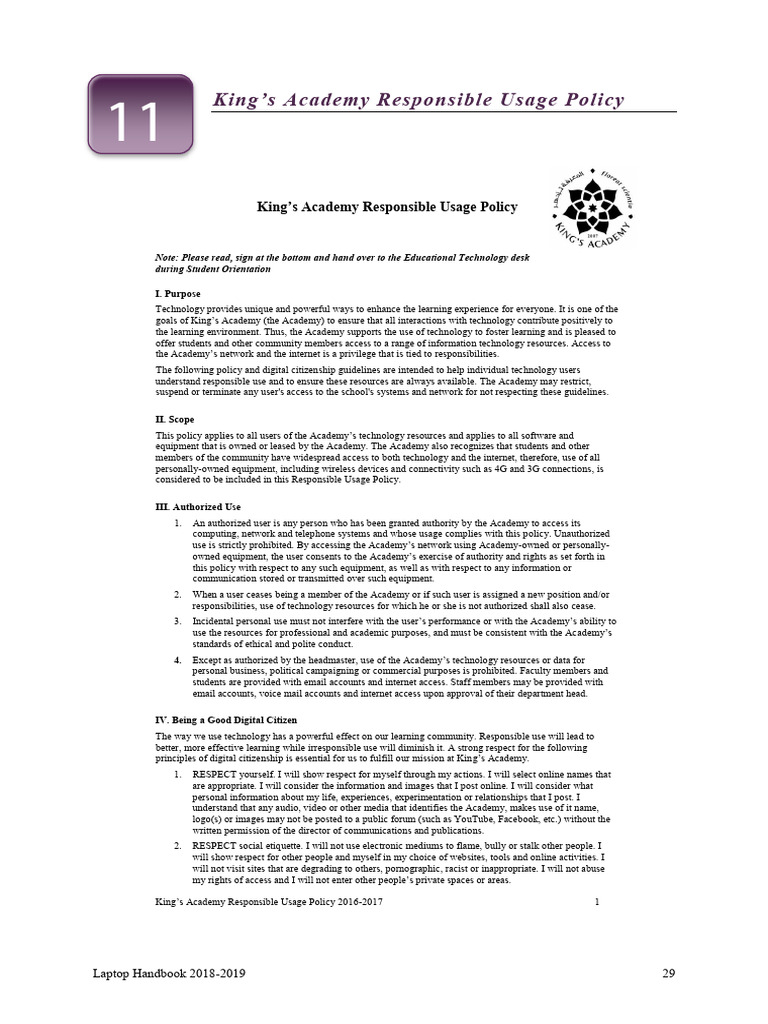 1 Academy Responsible Usage Policy | PDF | Internet | Computer Network