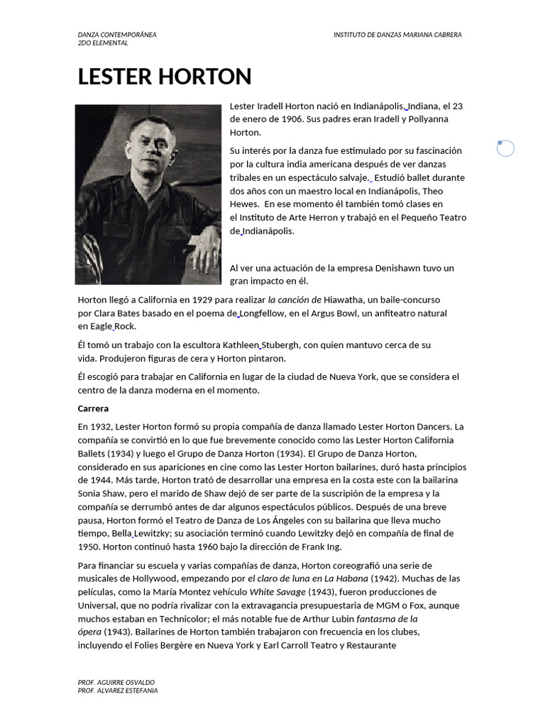 Legado de Lester Horton en Danza Contemporánea | PDF | Bailes | Músculo
