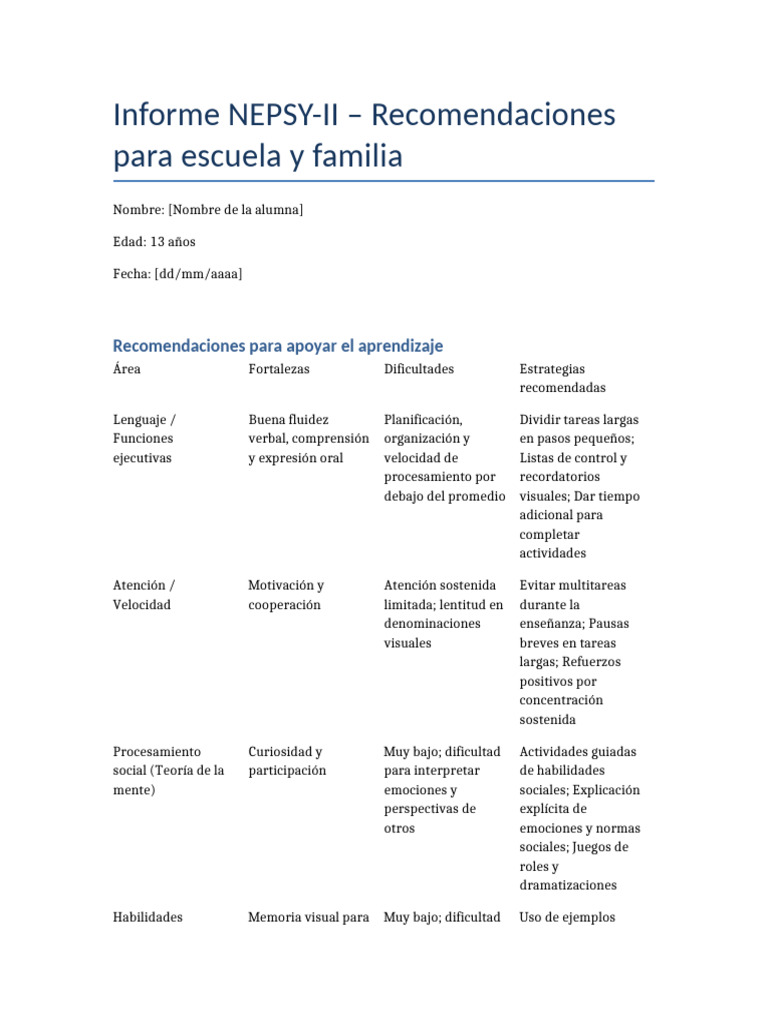 Recomendaciones NEPSY-II para Aprendizaje | PDF | Aprendizaje | Memoria