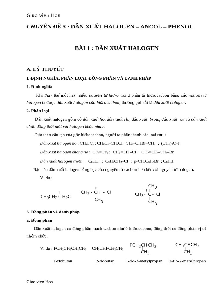 Chuyên Đề Và Bài Tập Hóa Hữu Cơ 11 C8 Dẫn Xuất Halogen - Ancol- Phenol ...