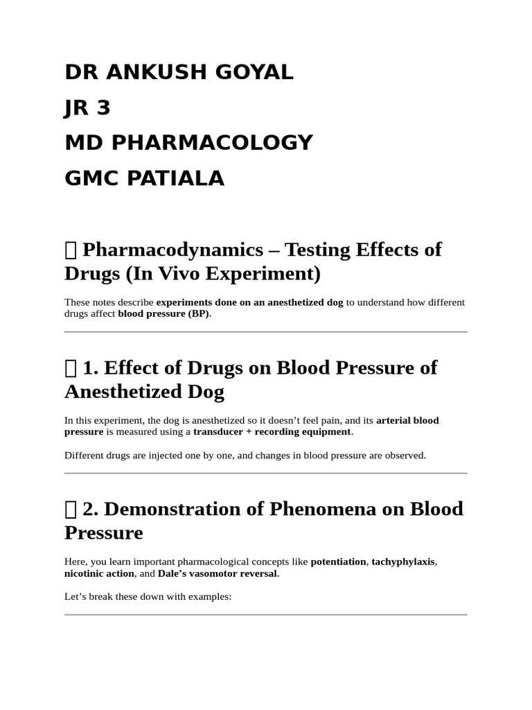 Dog BP Experiment DR ANKUSH GOYAL MD PHARMACOLOGY GMC PATIALA | PDF ...