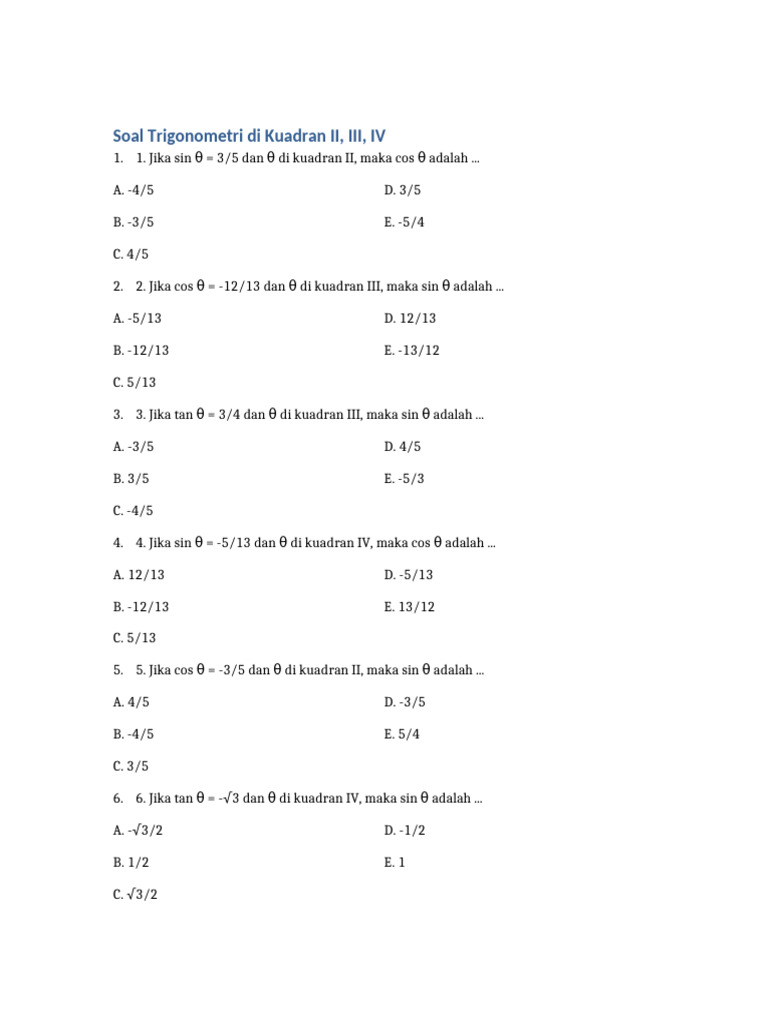 Soal Trigonometri Kuadran II-IV | PDF