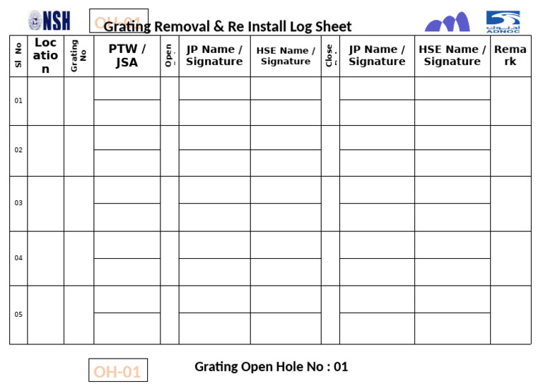 Grating Removal Log Sheet | PDF