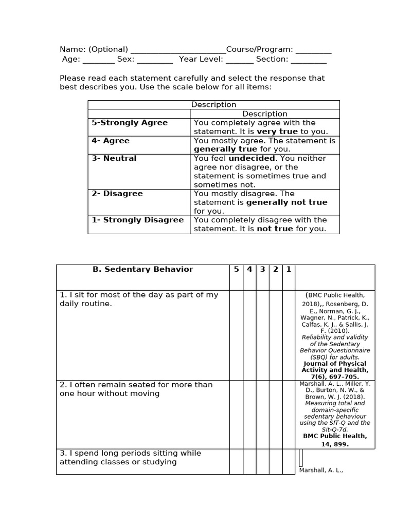 Sedentary Behavior Questionnaire Guide | PDF | Sedentary Lifestyle
