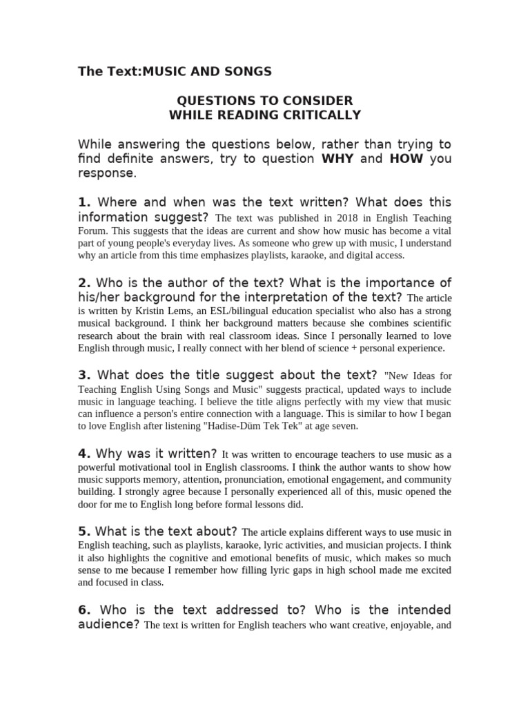 Song Music Questions | PDF | Learning | Cognition