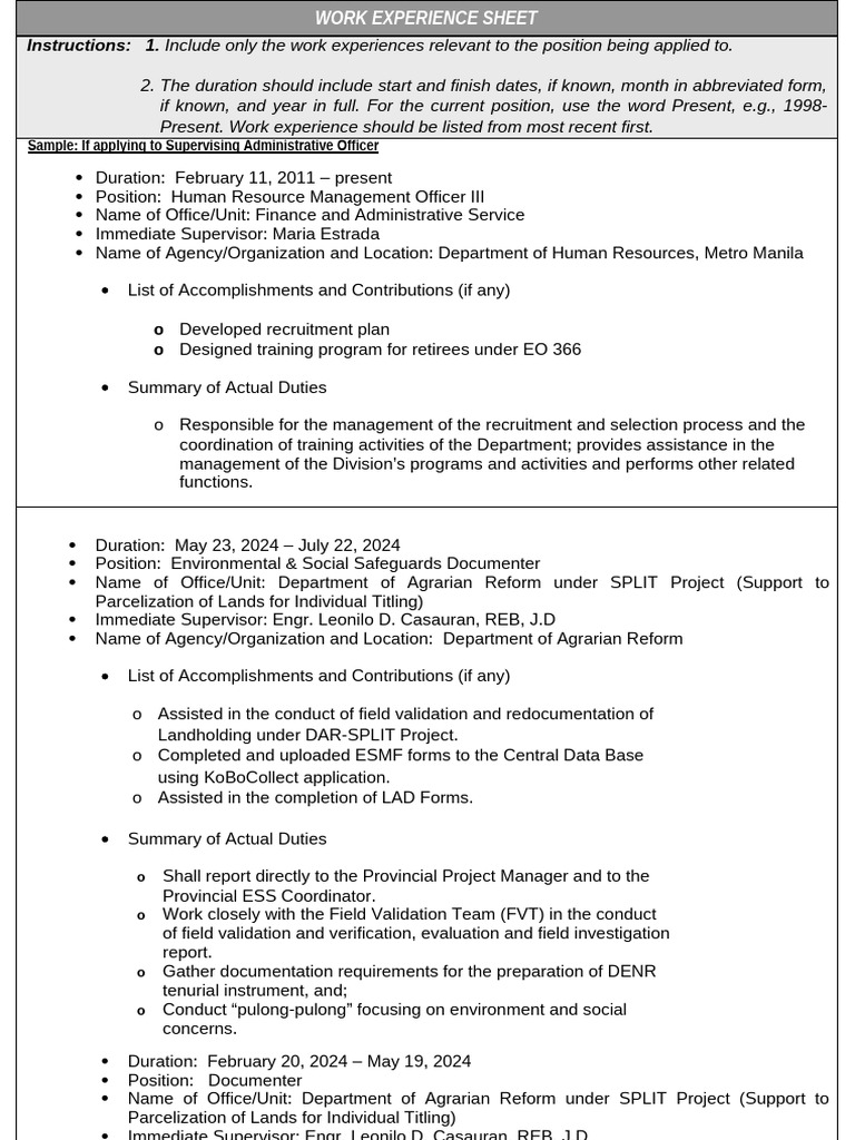 Work Experience Sheet CS Form No. 212 | PDF | Business