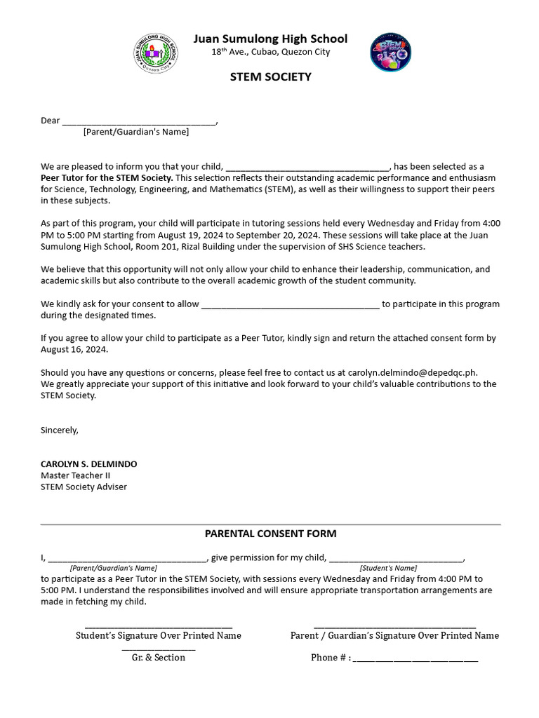 PEER TUTOR - Parent Consent | PDF