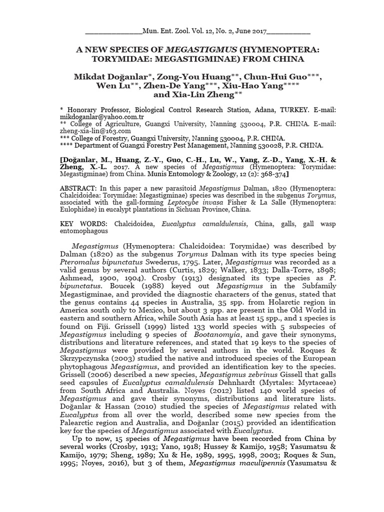 DOĞANLAR, Mikdat Et Al. A New Species of Megastigmus (Hymenoptera ...
