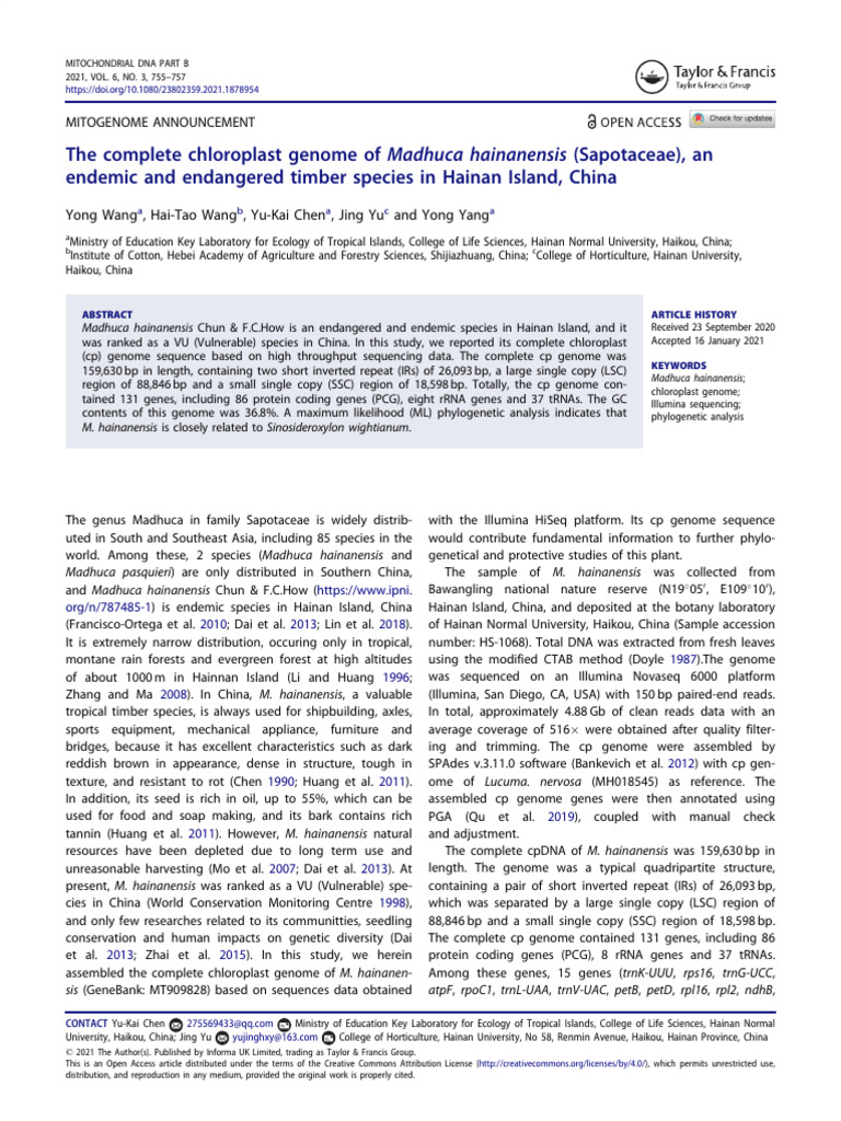 The Complete Chloroplast Genome of Madhuca Hainane | PDF | Genome | Gene