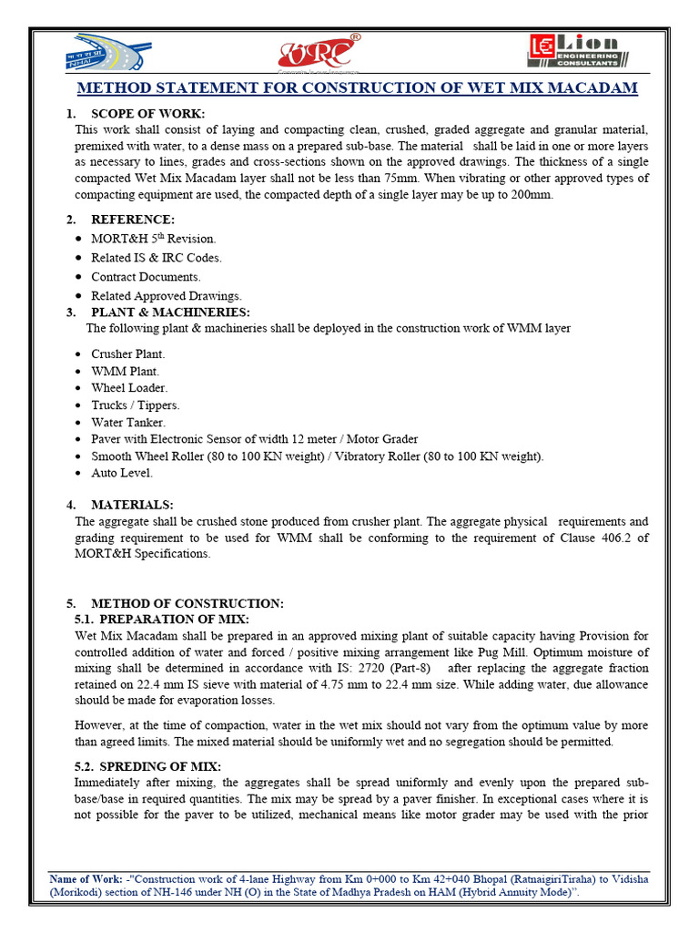Method Statement for Highway Construction | PDF