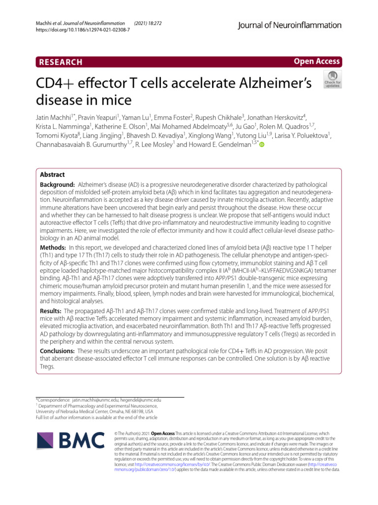 CD4+ Effector T Cells Accelerate Alzheimer's Disease in Mice | PDF | T ...