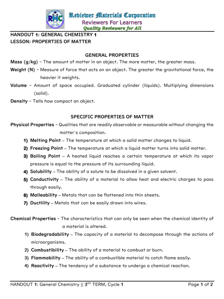 General Chemistry 1 - 3rd Term - Handout 1 | PDF