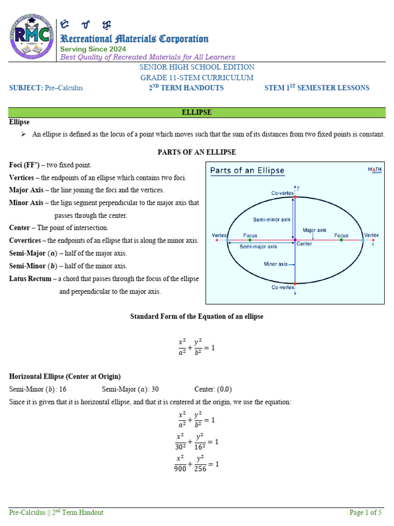 Pre-Calculus 2nd Term: Ellipses & Hyperbolas | PDF | Ellipse ...