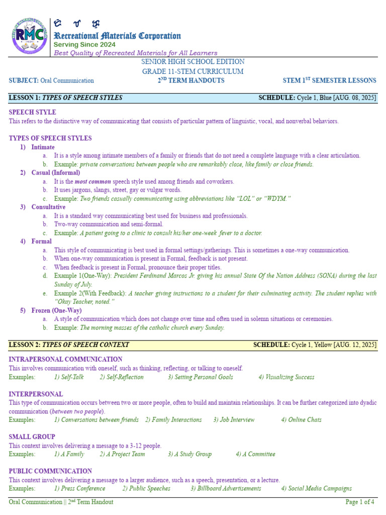 Oral Communication Handout for Grade 11 | PDF | Communication | Speech