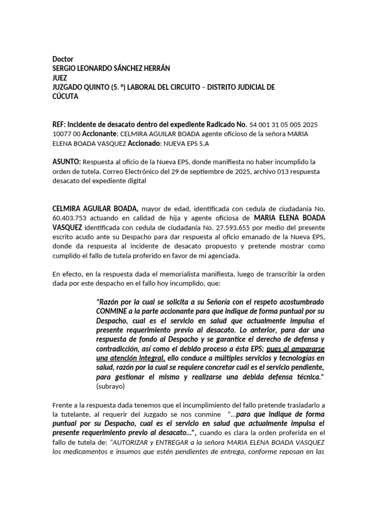 Respuesta a Incidente de Desacato EPS | PDF | Justicia | Crimen y violencia