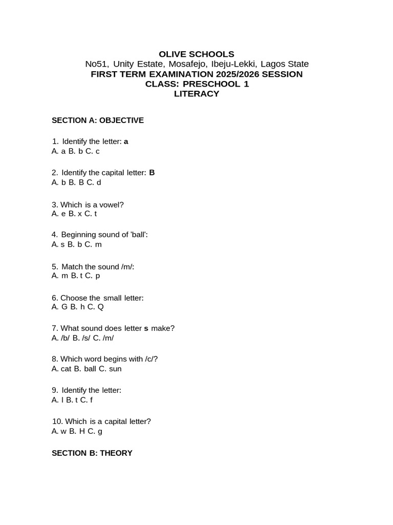 Preschool1 Literacy Exam | PDF