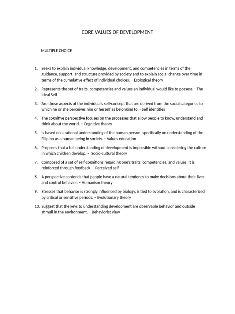 Core Values of Development Questionare | PDF | Behaviorism | Behavior