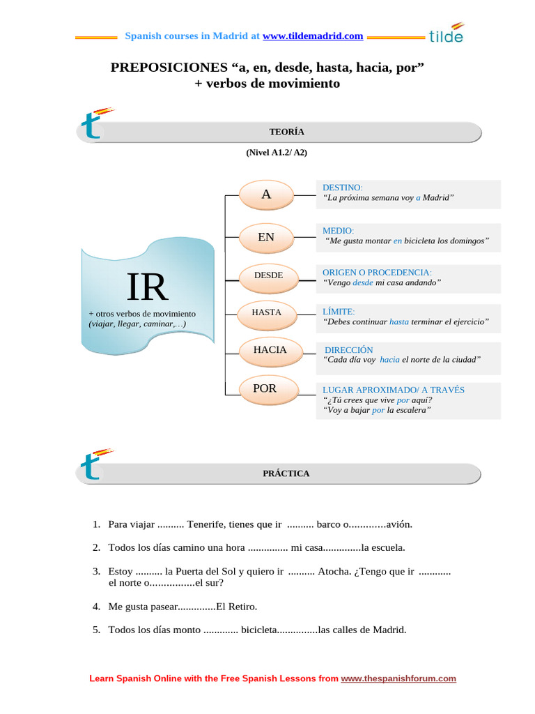 Spanish Grammar Exercises a2 Preposiciones y Verbos de Movimiento | PDF