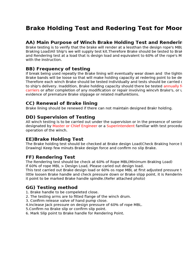 Mooring Winch Brake Testing Procedures | PDF