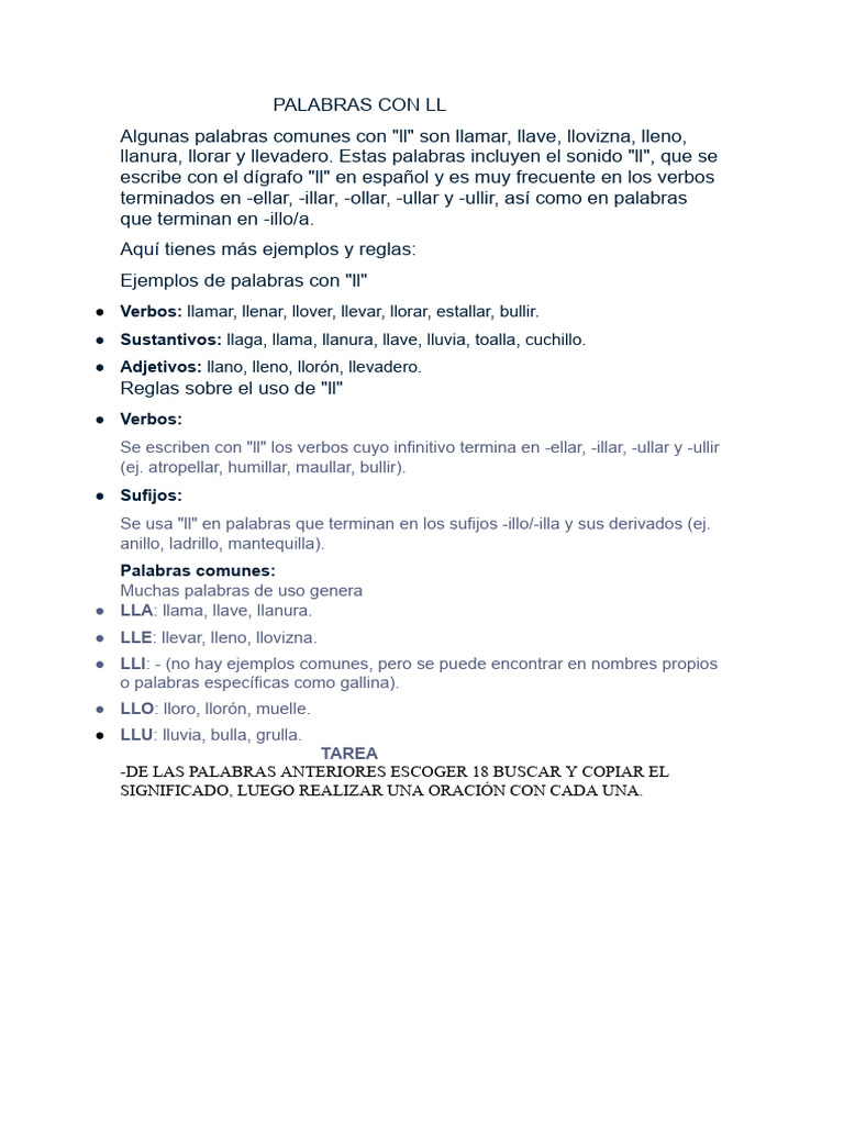 Palabras Comunes con "ll" en Español | PDF