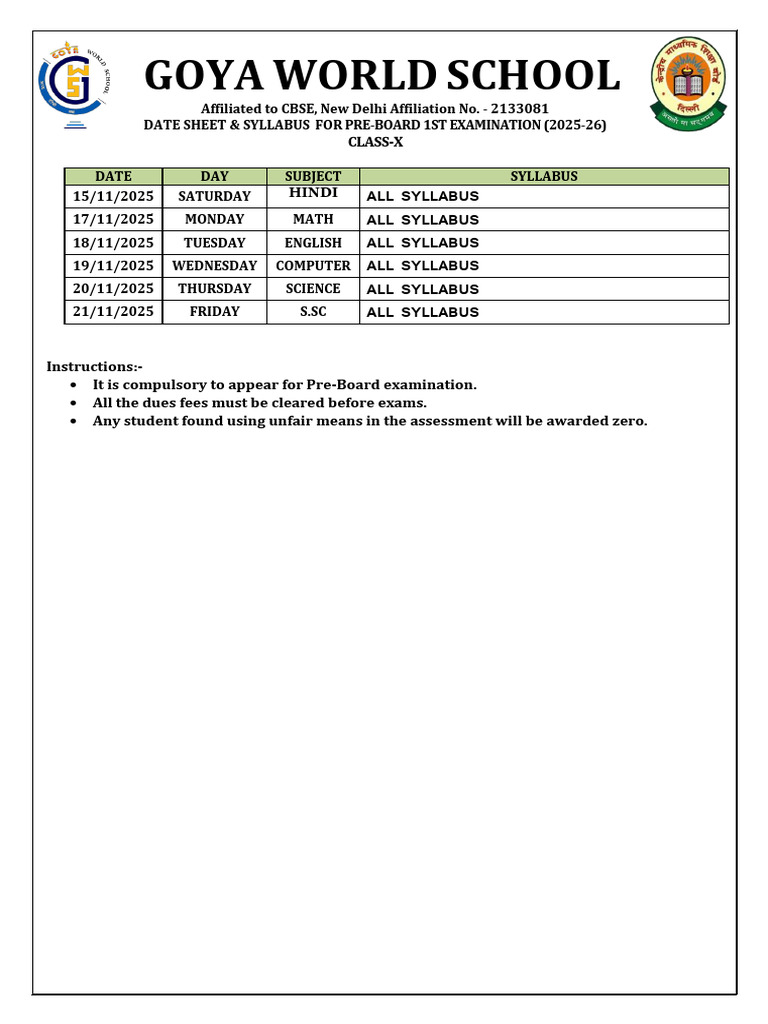 Goya World School Class X Pre-Board Dates | PDF