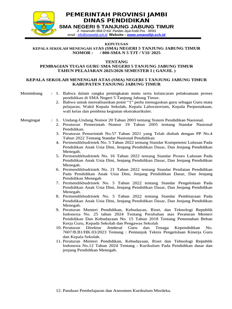 Sk Pembagian Tugas 2025 4 Agustus 2025 | PDF