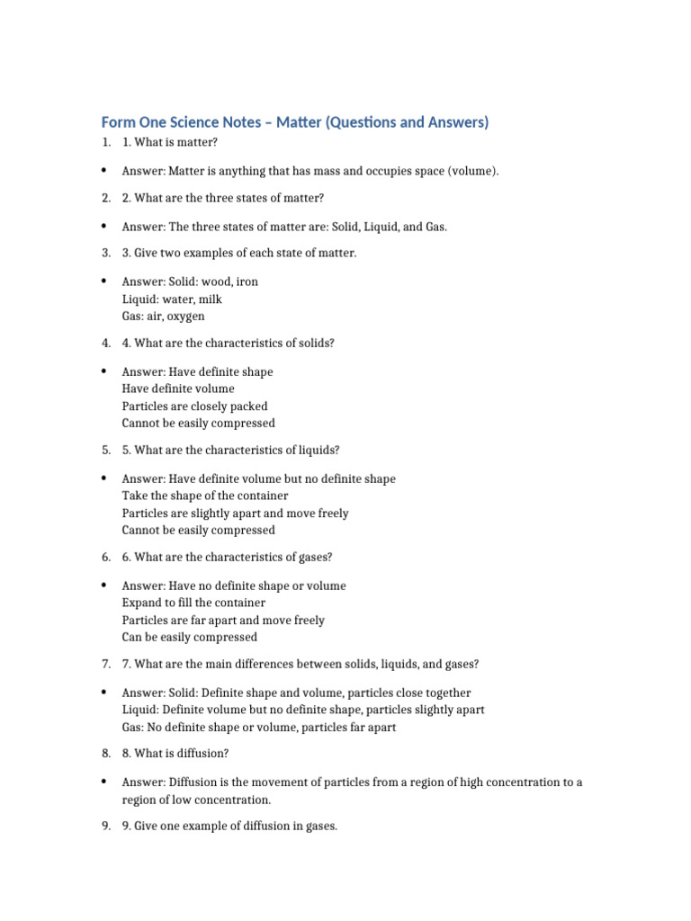 Form One Science: Matter Q&A Guide | PDF | Gases | Liquids