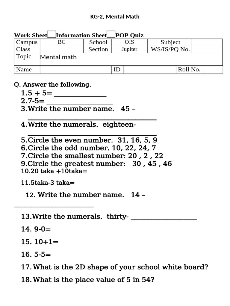 KG-2-Mental Math Revision Sheet | PDF