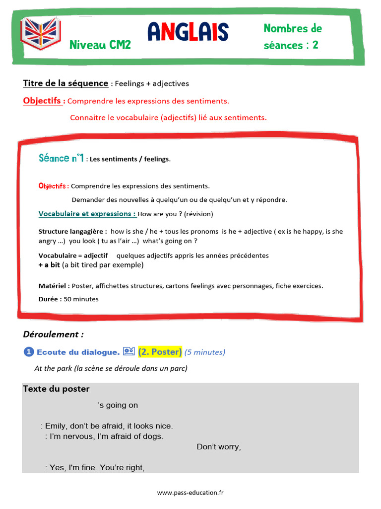 Adjectifs et sentiments en anglais CM2 | PDF