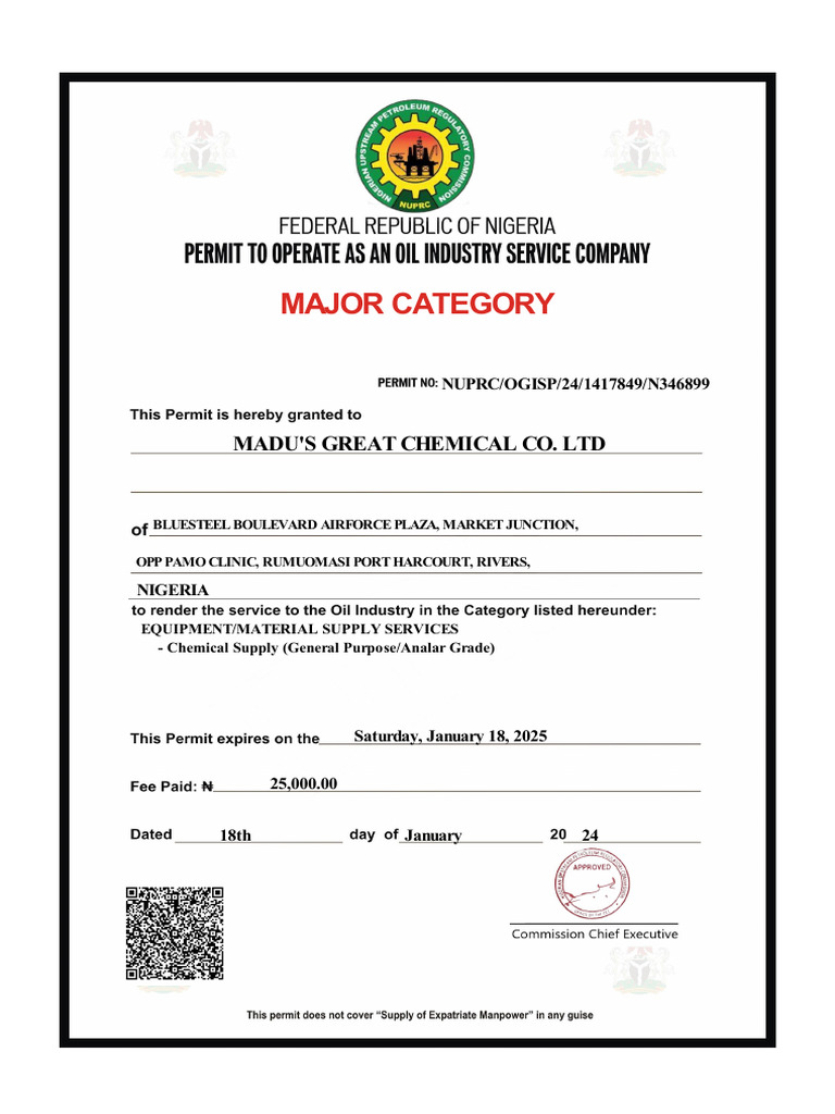 Nuprc (DPR) Permit - Madu's Great Chemical Co. LTD | PDF
