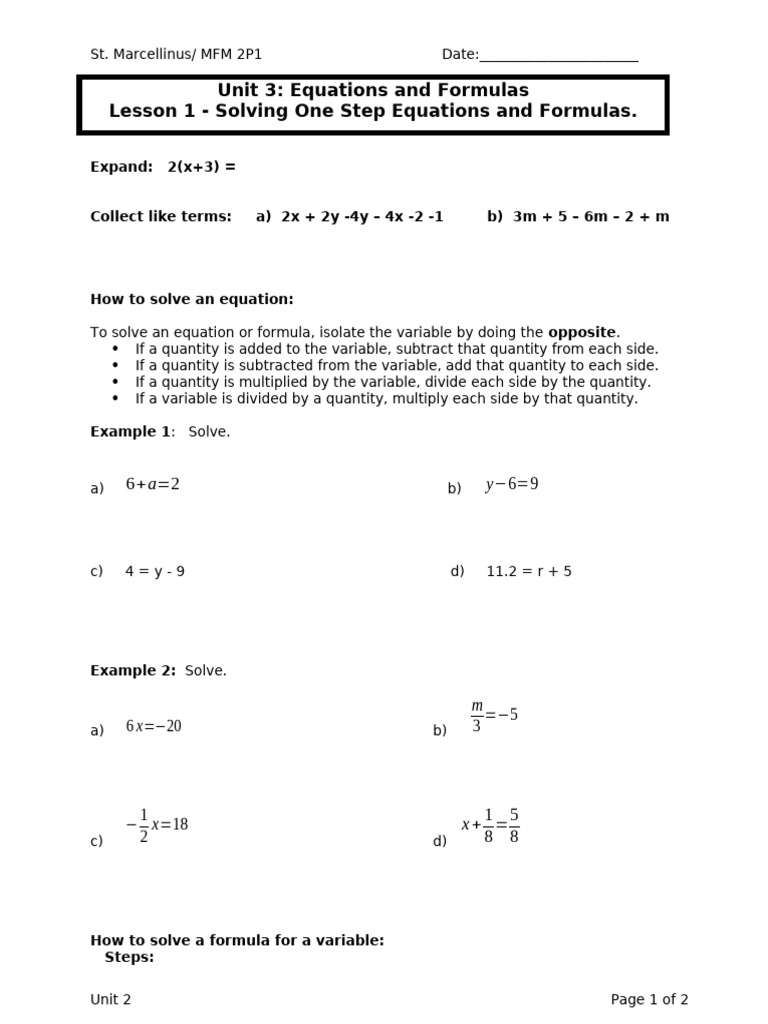 Unit 3 - Equations and Formulas | PDF | Equations | Variable (Mathematics)