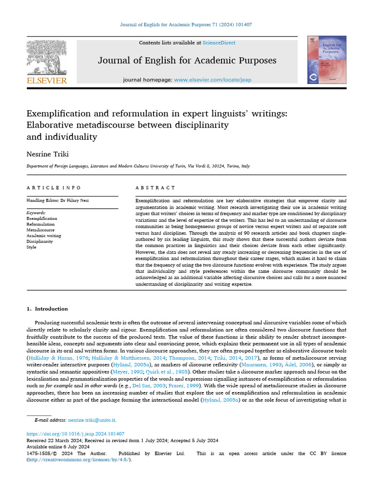 2024 Exemplification and Reformulation in Expert Linguists’ Writings ...