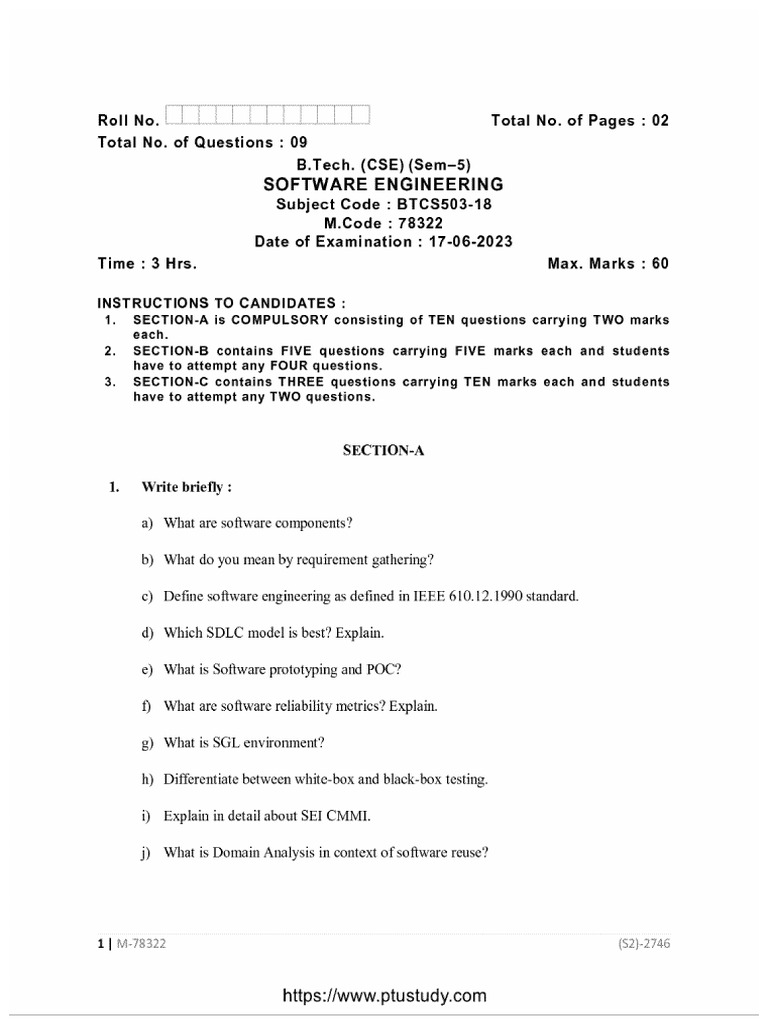 Btech Cse 5 Sem Software Engineering 78322 Jun 2023 | PDF