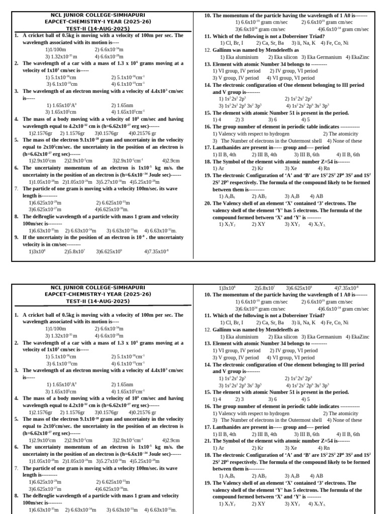 EAPCET Chemistry Test II Questions | PDF | Electron | Chemical Elements