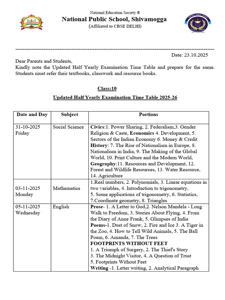 Updated Time Table 10th | PDF