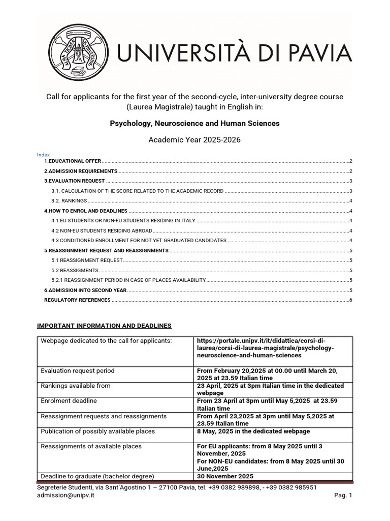 Application Call Master Degree in Psychology - A.y. 2025-2026_2 | PDF ...