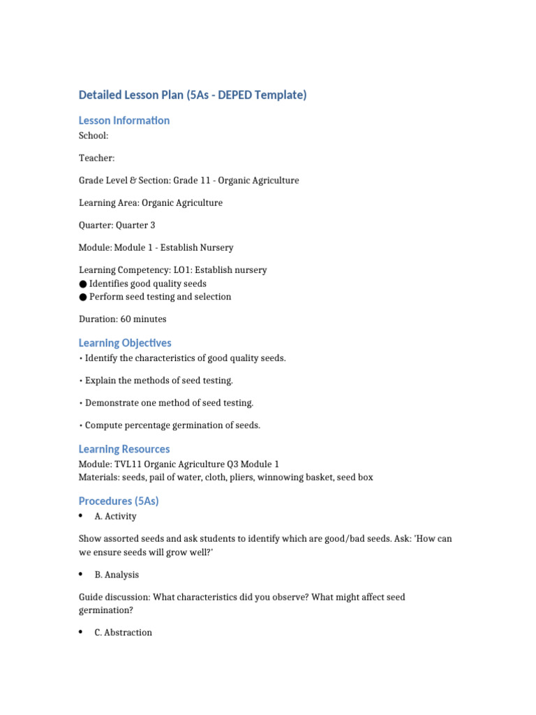 Grade 11 Organic Agriculture Lesson Plan | PDF