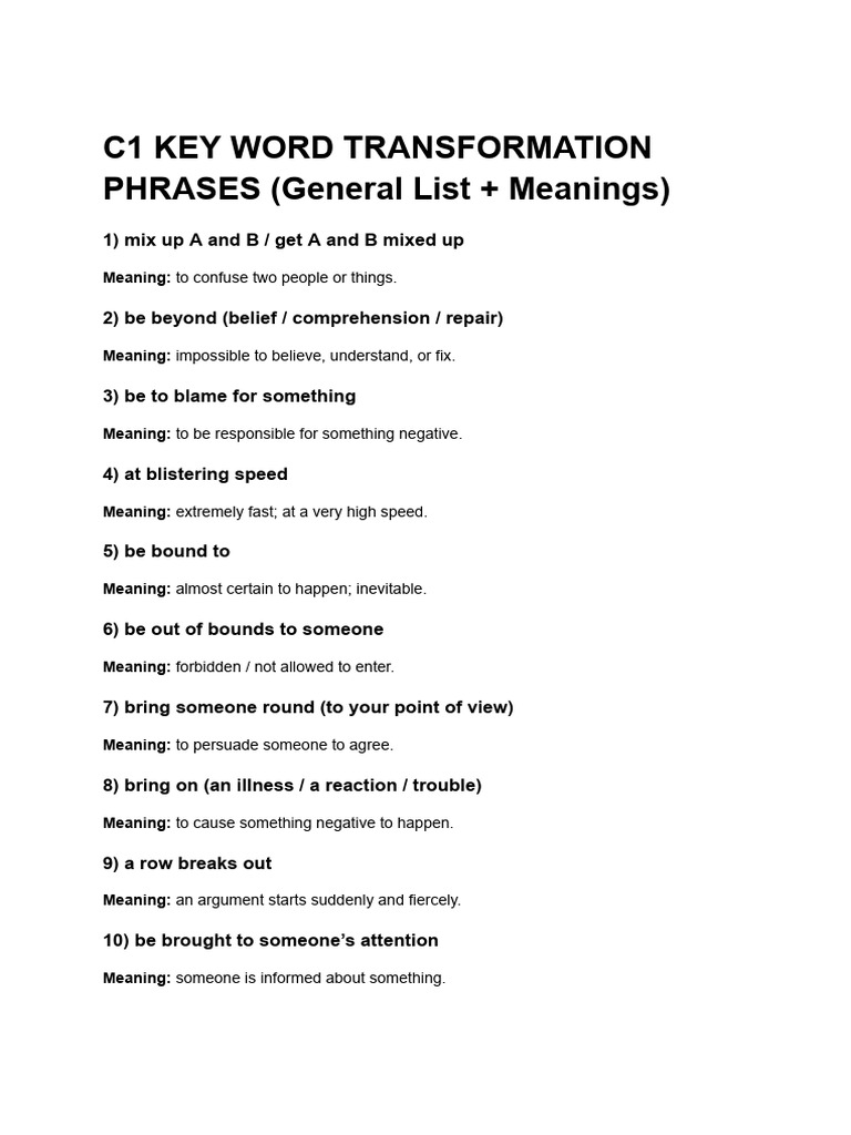 c1 Key Word Transformation Phrases (General List + Meanings) | PDF ...