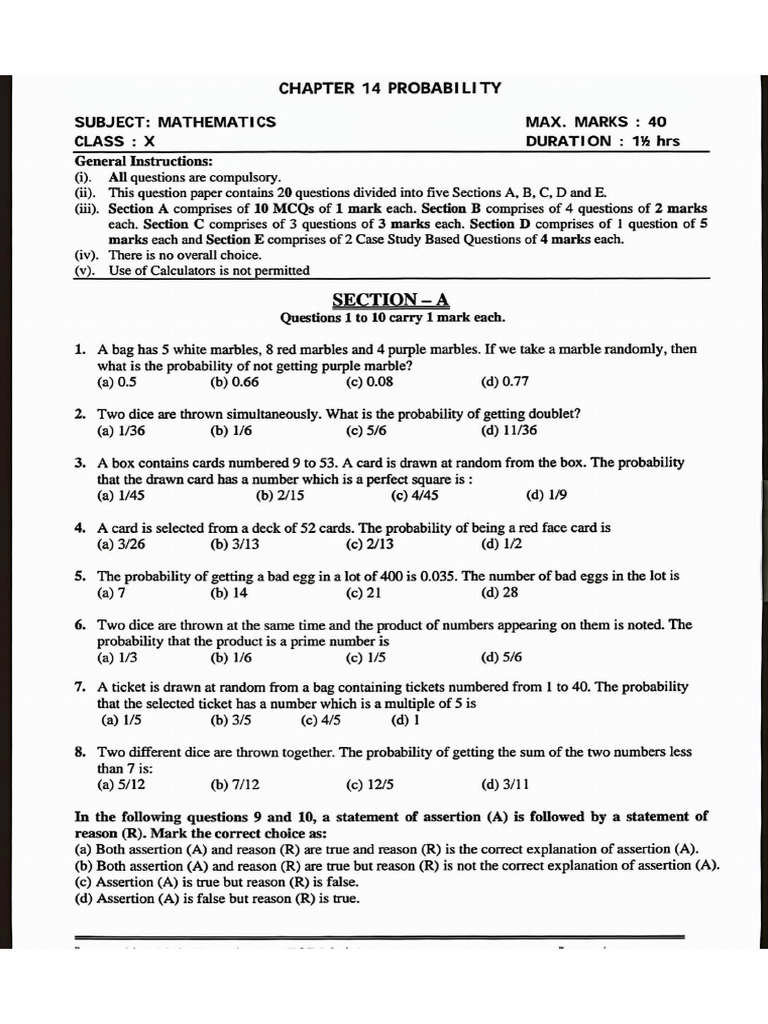 Class X, Chapter - 14, Probability | PDF