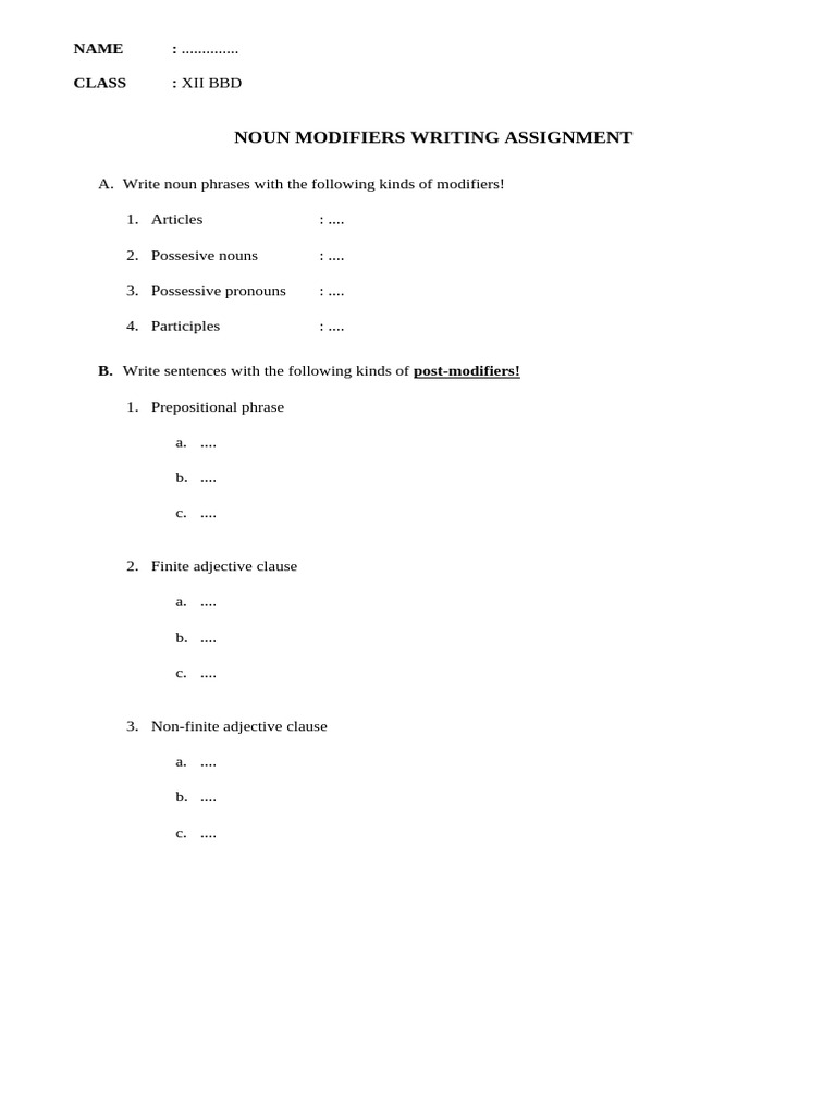 Noun Modifiers Writing Assignment | PDF