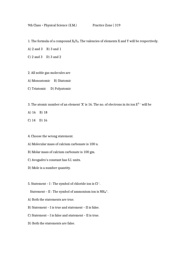 9th Class Physical Science Practice Questions | PDF