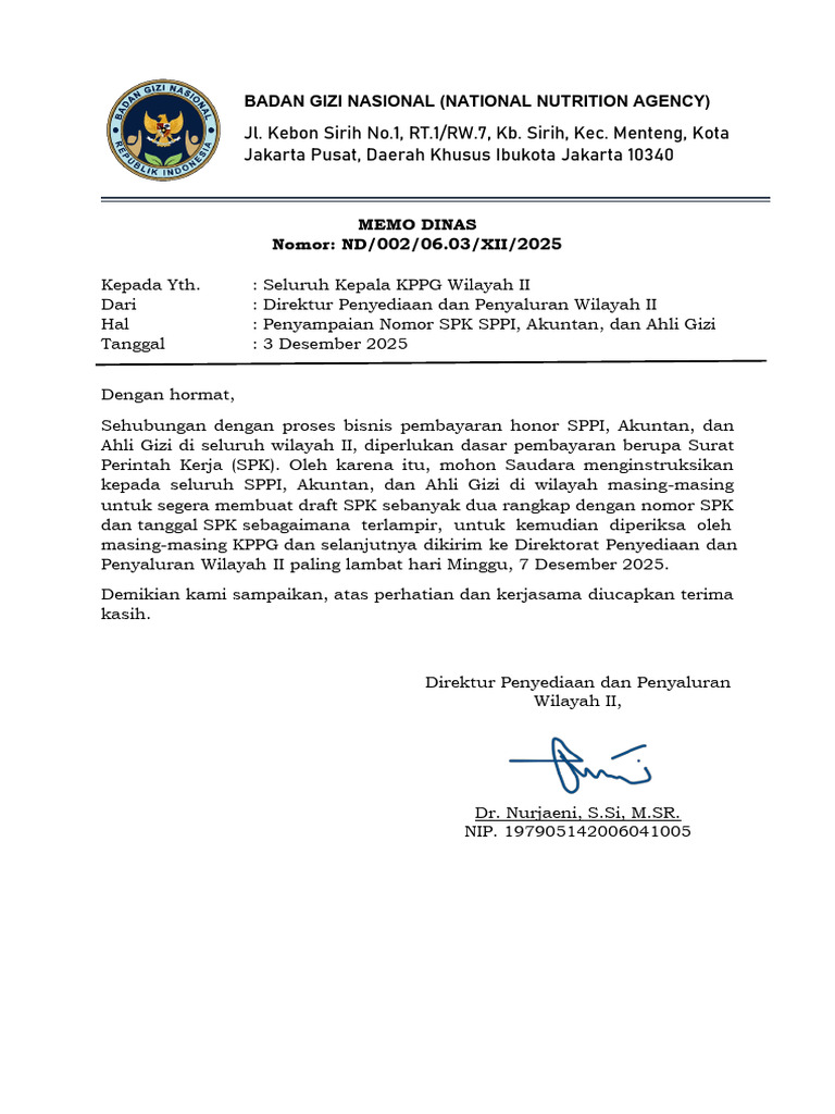 Memo Dinas 002 Nomor Spk | PDF