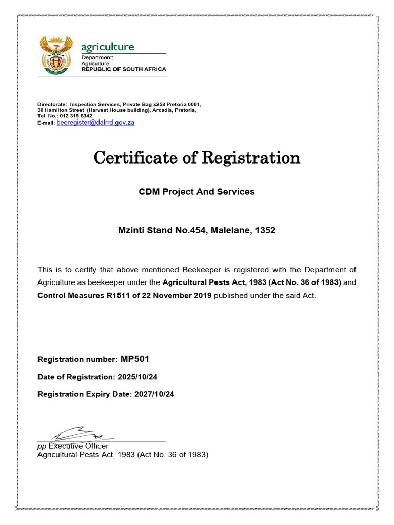 Beekeeper Registration Certificate 2025 | PDF