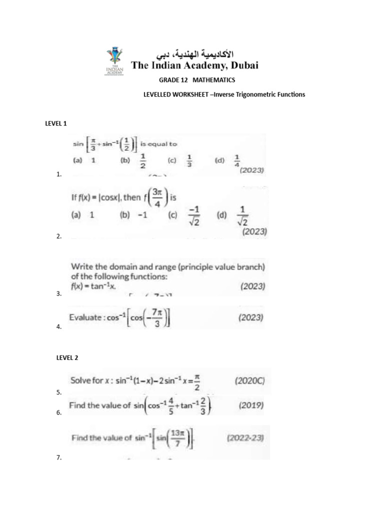 Grade 12 Inverse Trigonometric Functions Worksheet | PDF
