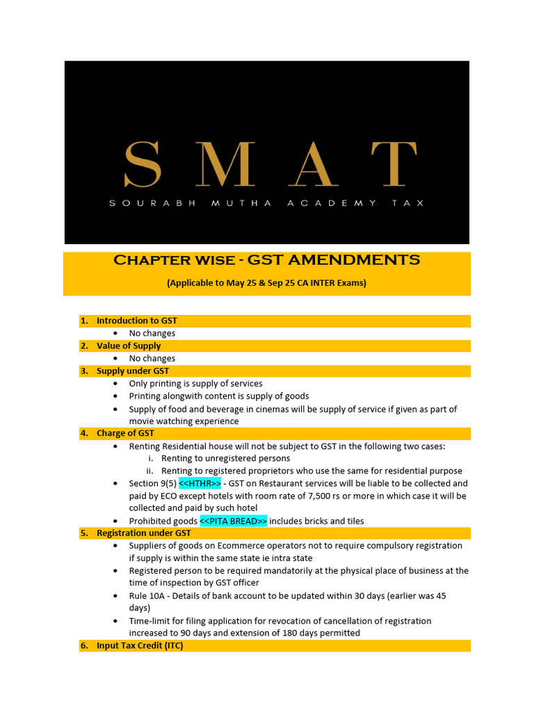 GST Amendments for CA Inter Exams | PDF | Public Finance | Taxation