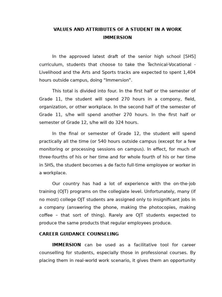 Student Values in Work Immersion | PDF | Human Resource Management ...